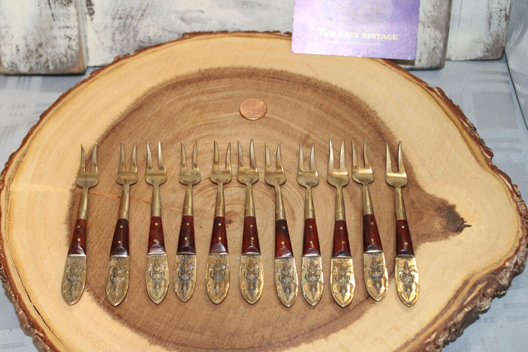 Vintage Set of Thai Forks, Nickel Bronze With Wood, Set of Eleven, as ...