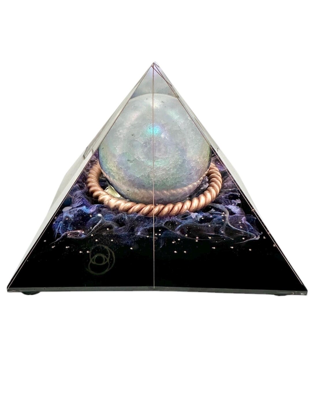 8-sided Cheops Orgone Pyramid With Aura Celestite Sphere, Copper Cage ...