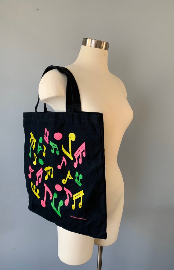 1990s Vintage Neon Musical Note Canvas Tote Bag - Gem