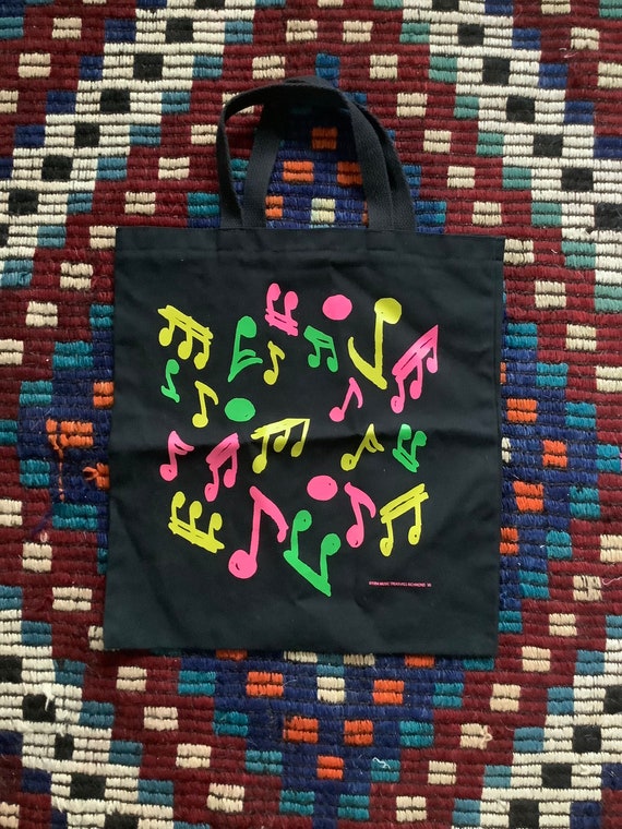 1990s Vintage Neon Musical Note Canvas Tote Bag - Gem