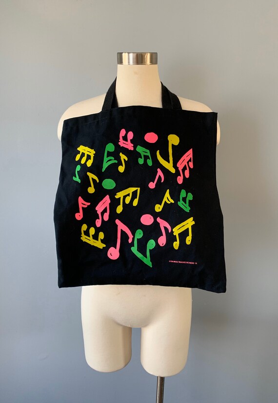 1990s Vintage Neon Musical Note Canvas Tote Bag - Gem