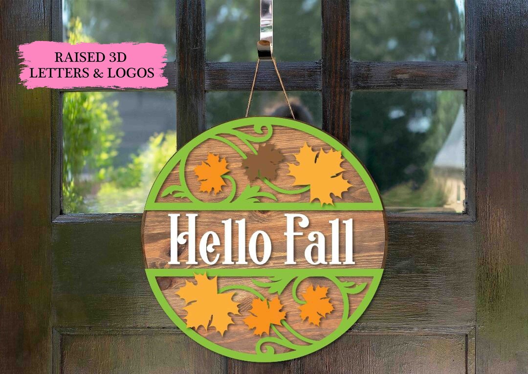 Hello Fall Round Wood Door Hanger 18 Wood Door Sign Hello Fall Door ...
