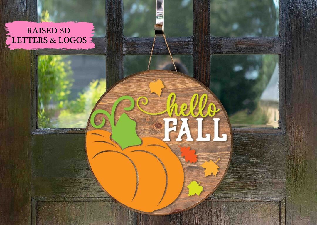 Hello Fall 18 Round Door Hanger With Pumpkin Fall Door Decor Fall Door ...