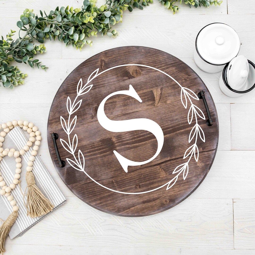Personalized Round Wood Serving Tray With Handles Monogrammed Wood Tray ...