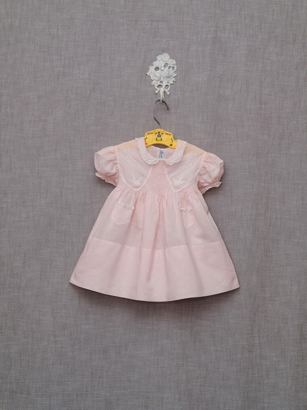 12 Months: Vintage Bird Embroidered, Pink Cotton Batiste, Smocked Baby ...