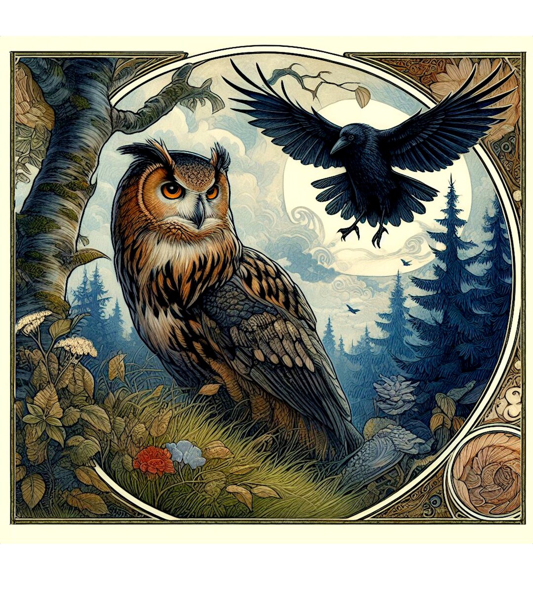 Owl and Crow Woodland Birds Digital Illustration JPG Printable Wall Art ...