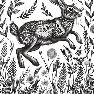 Folk Art Rabbit Prints Png Hares Black and White Printable Linocut ...