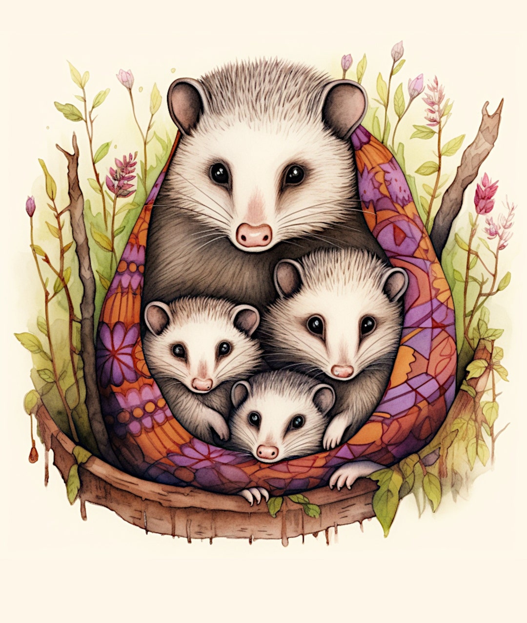 Possum Mom With Oppossum Babies Printable JPG Woodland Animal Print ...