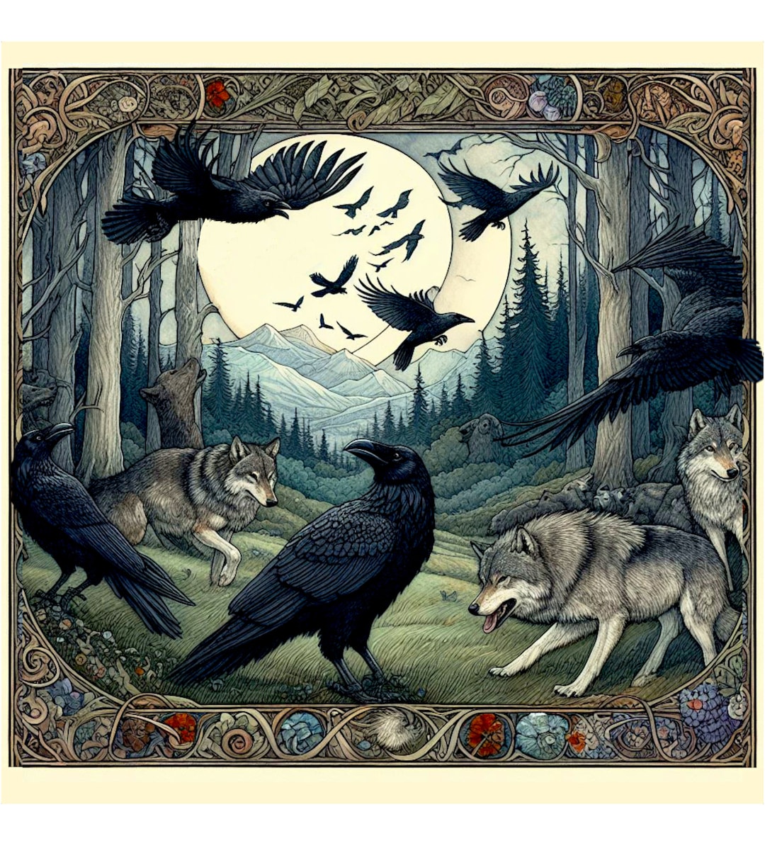 Ravens Play Tag With Wolves Digital Illustration Forest Creatures ...