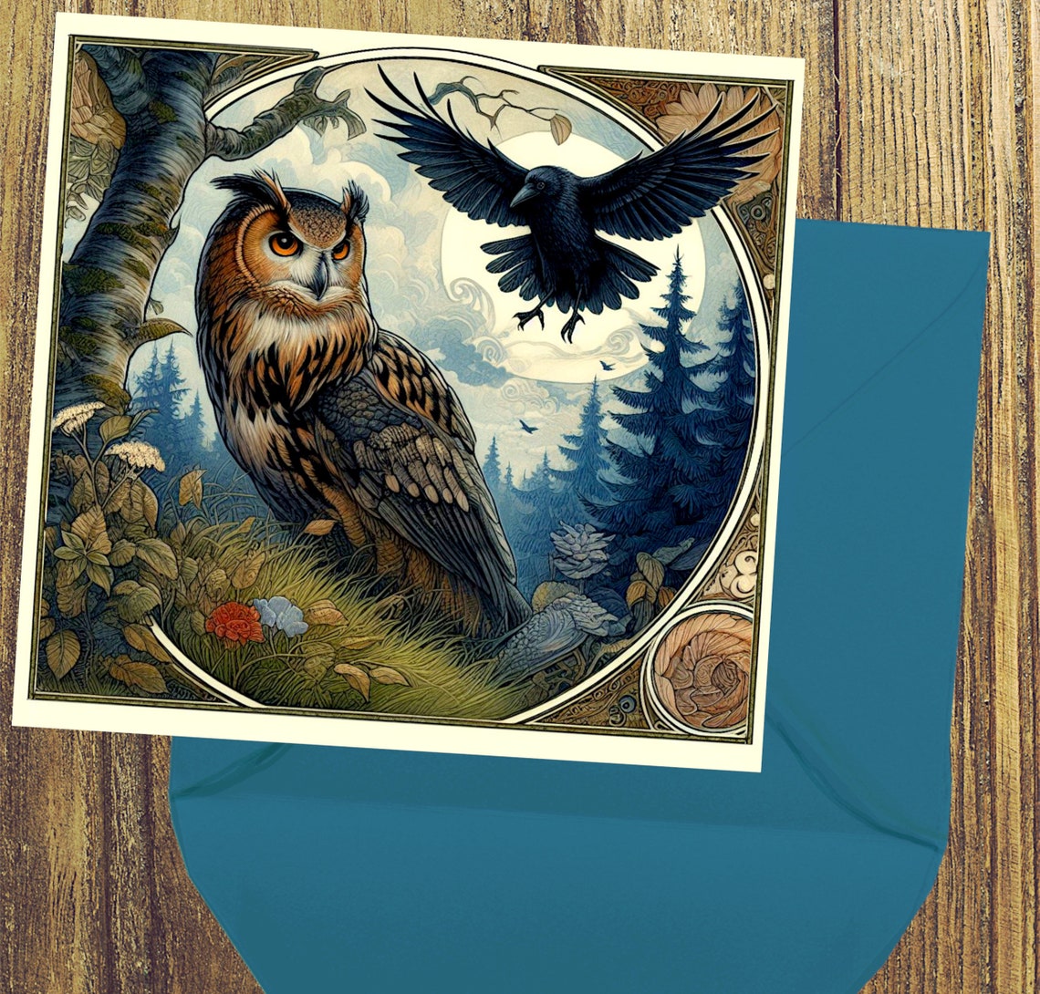 Owl and Crow Woodland Birds Digital Illustration JPG Printable Wall Art ...