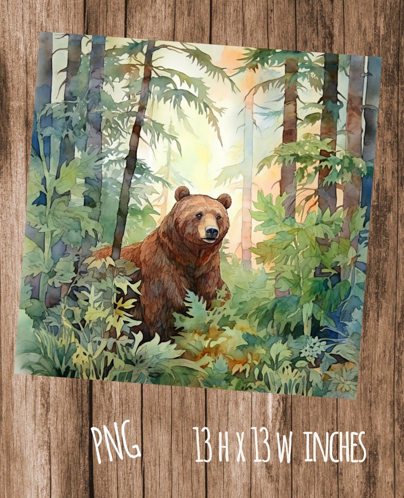 Watercolor Bear in Woods Printable PNG Brown Bear Grizz in Forest Hiker ...