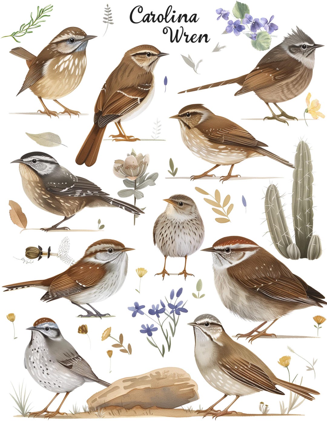 Bird Chart Field Guide Set 2 Prints Carolina Wrens and Winter Wrens ...