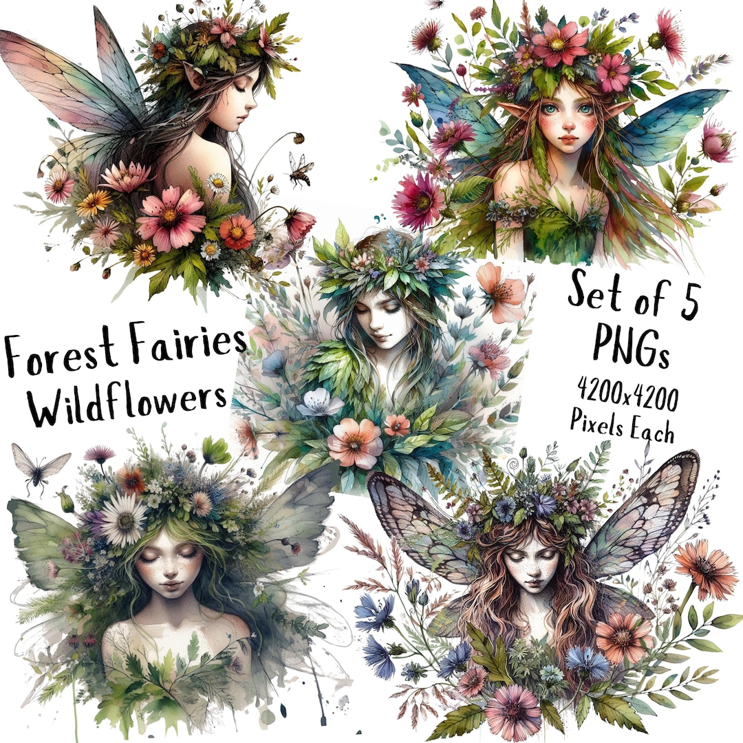 Woodland Fairy PNG Printables Set of 5 Fairies Hi- Res 4200x4200 Pixels ...