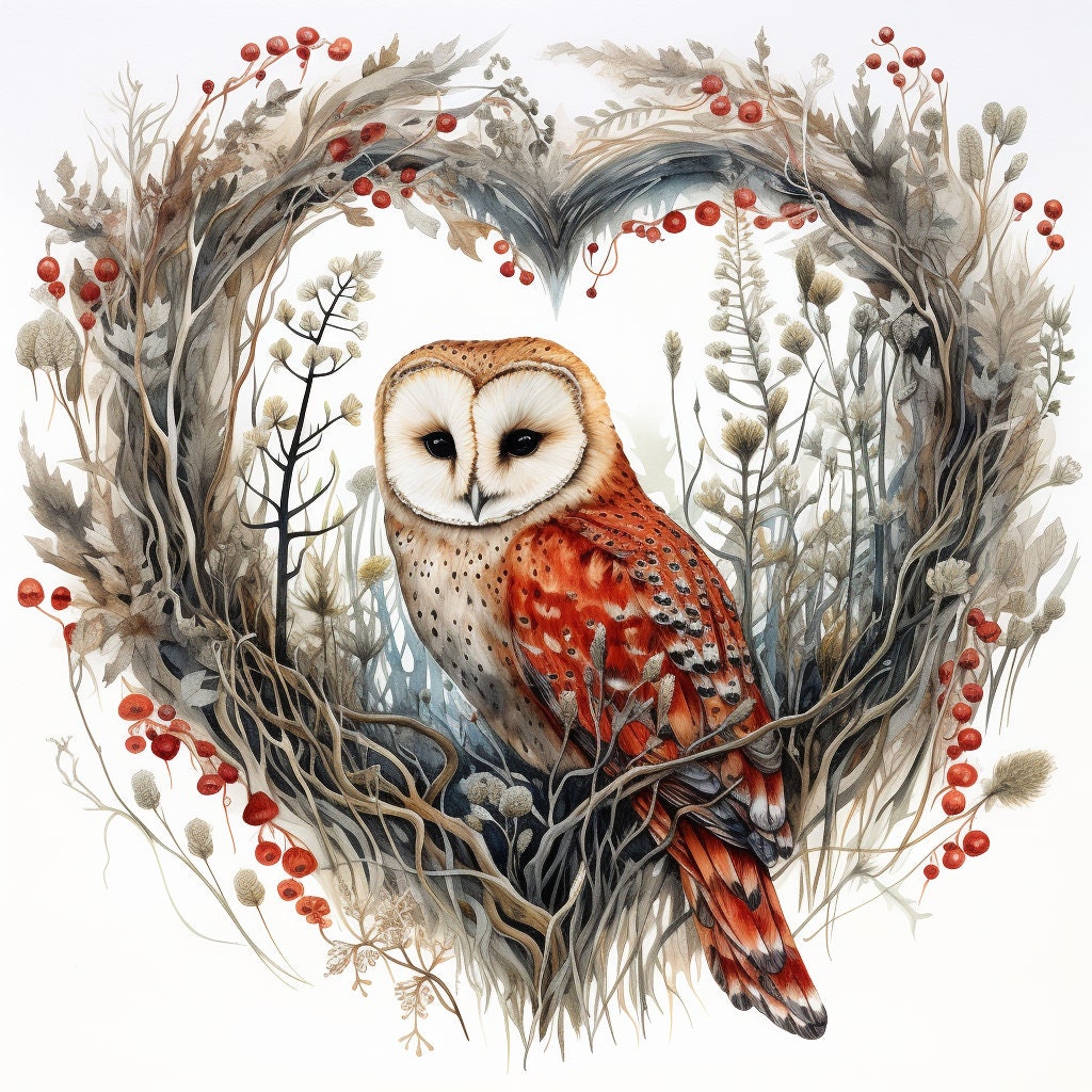 Owl Heart Printable Wildlife Valentine Woodland Barn Owl Digital Illustration Art to Download ...