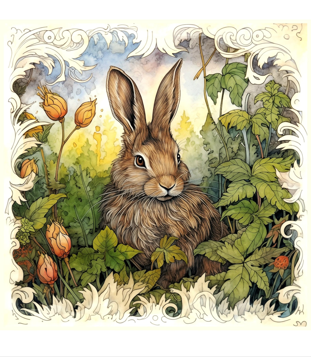 Hare Printable Nature Print Download 14x14 Inch Rabbit JPG Woodland ...