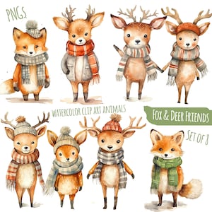 Woodland Animal Friends Wearing Scarves Set of 8 Watercolor Clip Art ...