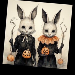 Halloween Party Rabbits in Masks With Pumpkins Printable PNG Funny ...