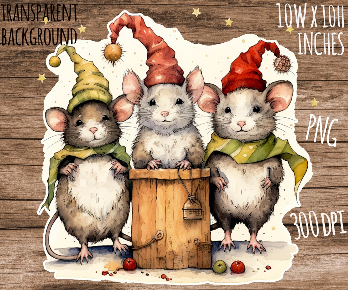 Three Holiday Mice PNG Printable Blank Card Art Xmas Decor Prints 10x10 ...