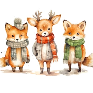 Woodland Animal Friends Wearing Scarves Set of 8 Watercolor Clip Art ...