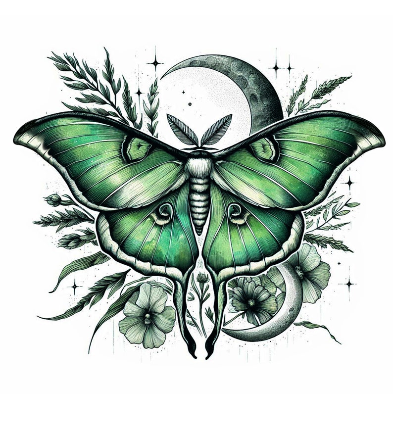 Luna Moth Tattoo Style Illustrations Set of 2 Moths PNG Printables 9 ...