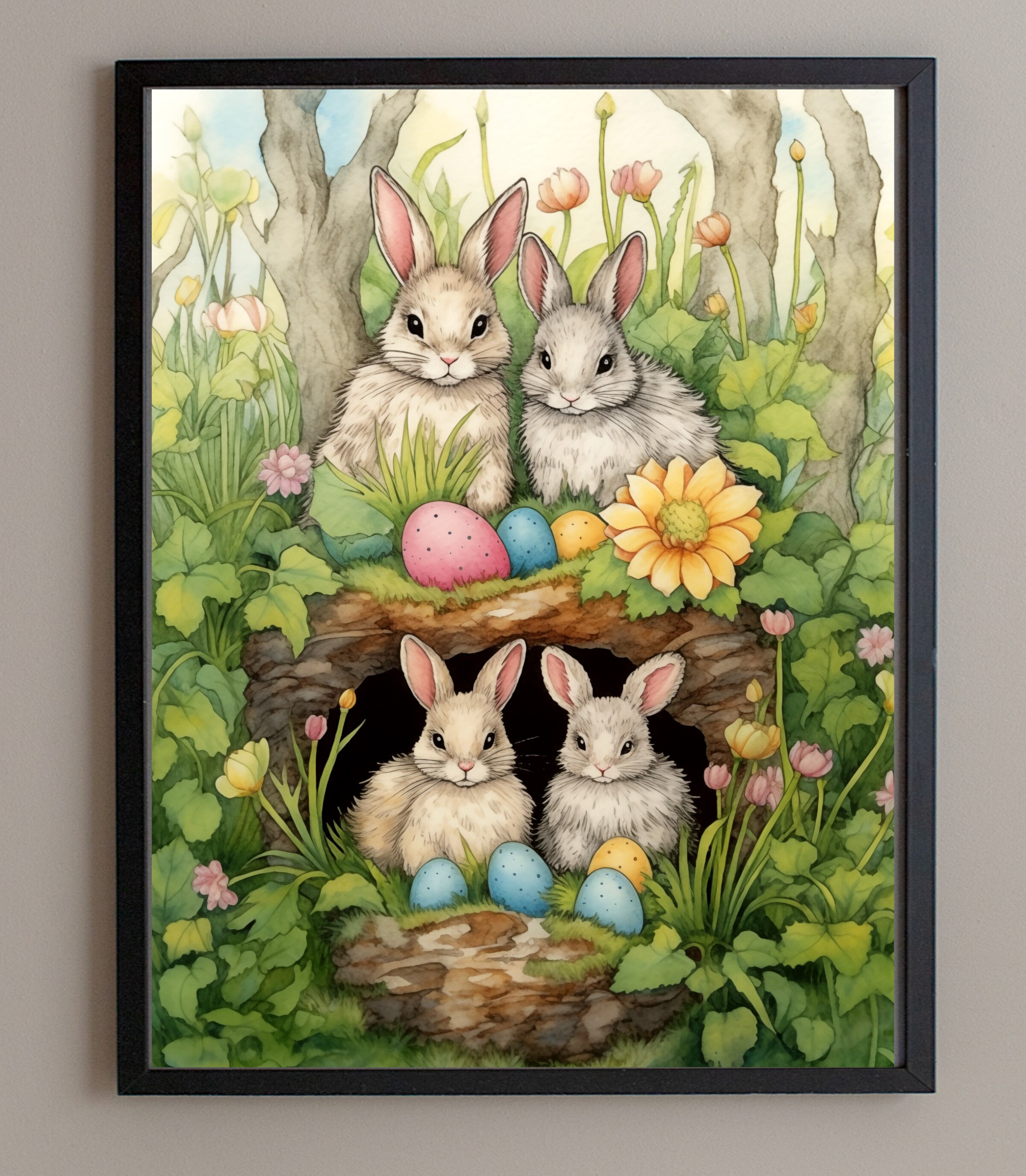 Easter Rabbit With Easter Eggs Spring Flowers Digital Illustration ...