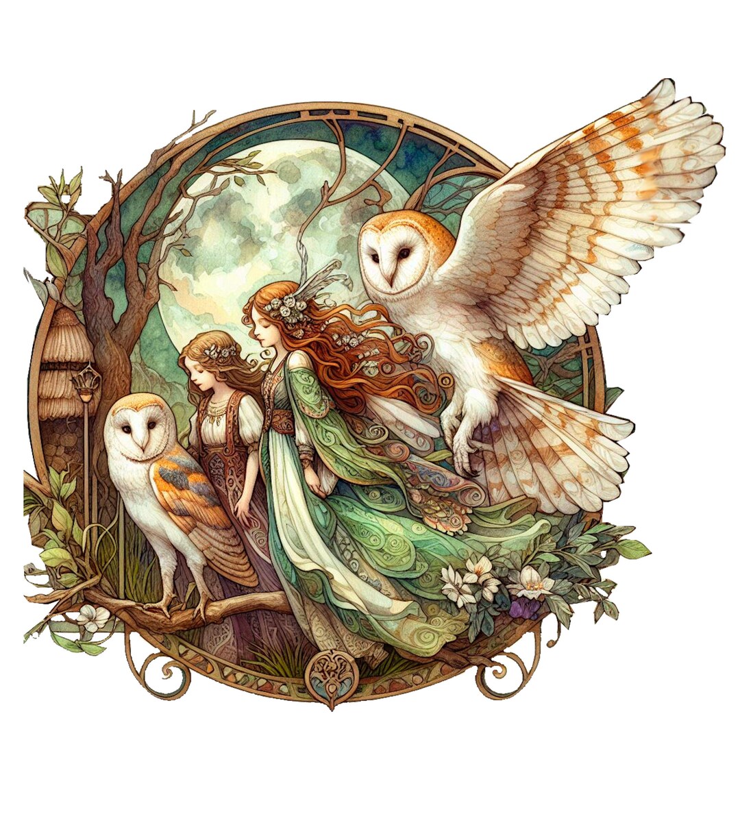 Moonlight Fairies With Barn Owls Woodland Tree Fairy Illustration ...