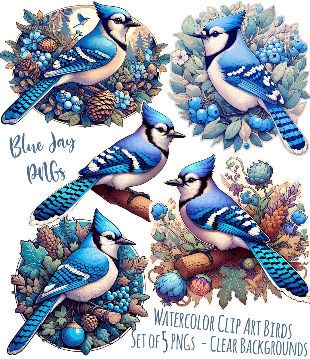 Watercolor Birds Clip Art Set of 5 PNG Printable Blue Jays 11 to 8 Inch ...