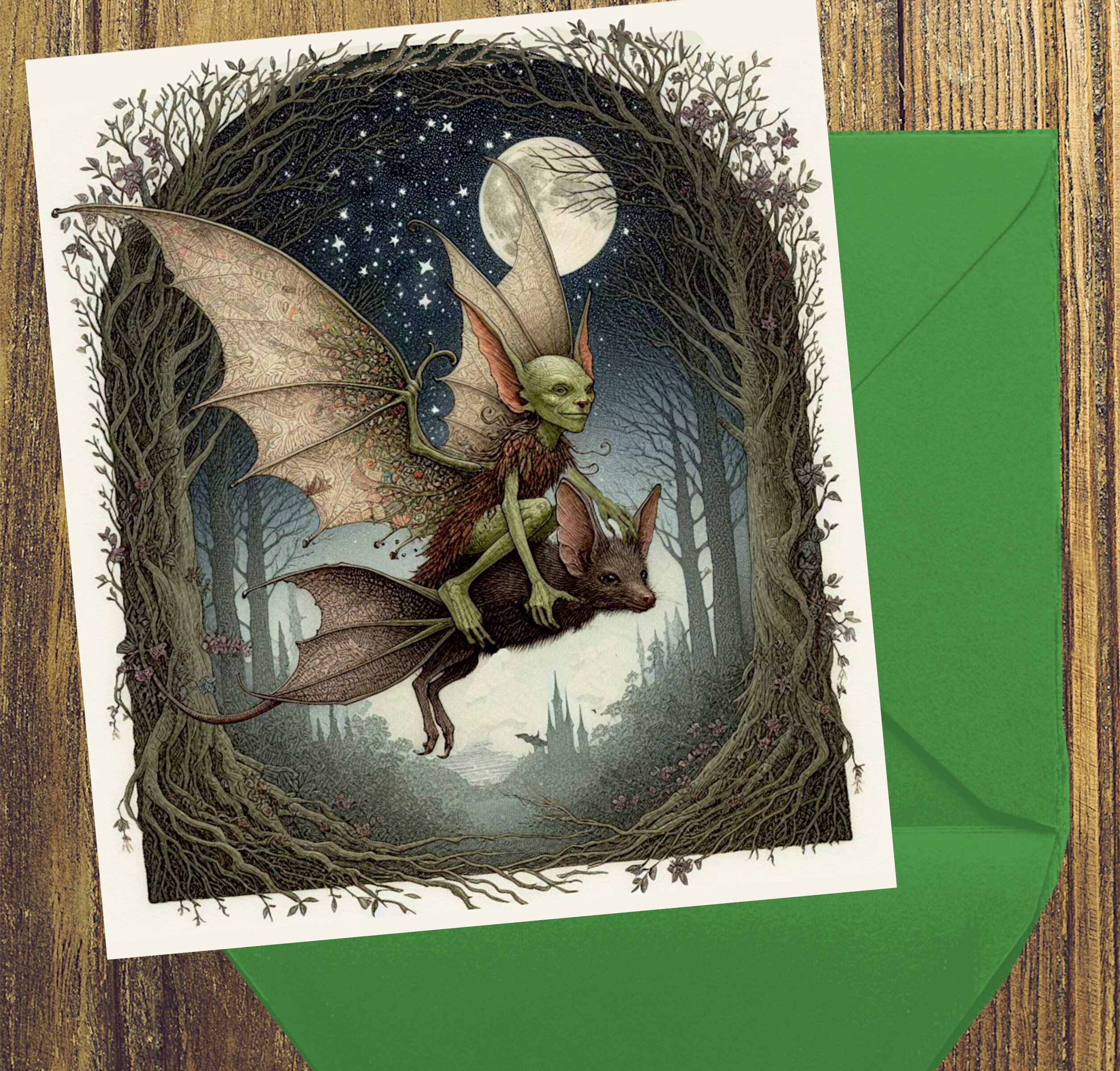 Forest Creatures Troll Riding on A Bat Moon and Stars Goblin Core ...