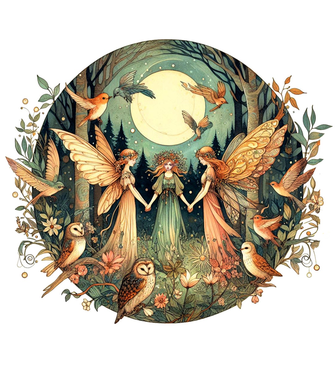 Fairy Circle Owl Moon PNG Printable 11w X 11h Inch Circular Fairy ...