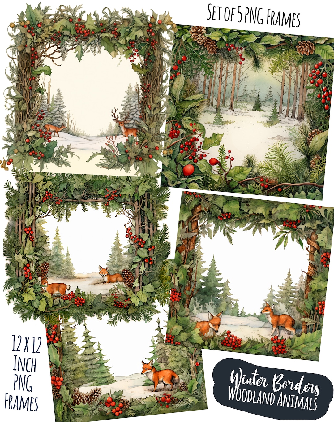 Winter Woodland Border Bundle Set of 5 Winter Scene PNG Printable ...