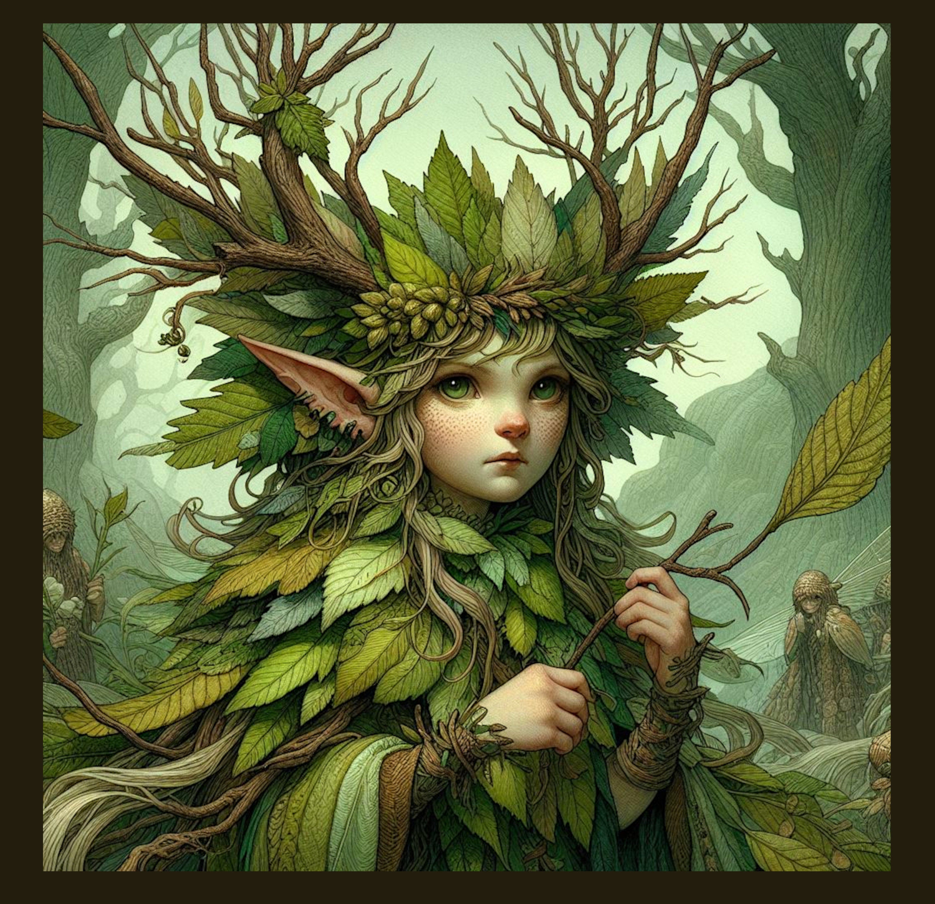 Forest Creature Fae in A Crown of Leaves and Woodland Plants Printable ...