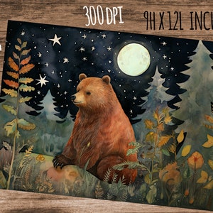 Bear Forest Moon Digital Illustration Nature Prints Boy Wall Decor ...