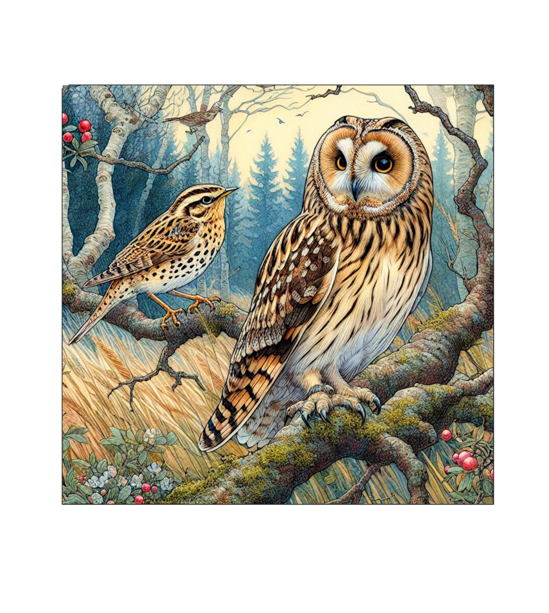 Short-eared Owl and Lark Wildlife Digital Illustrated Bird PNG ...