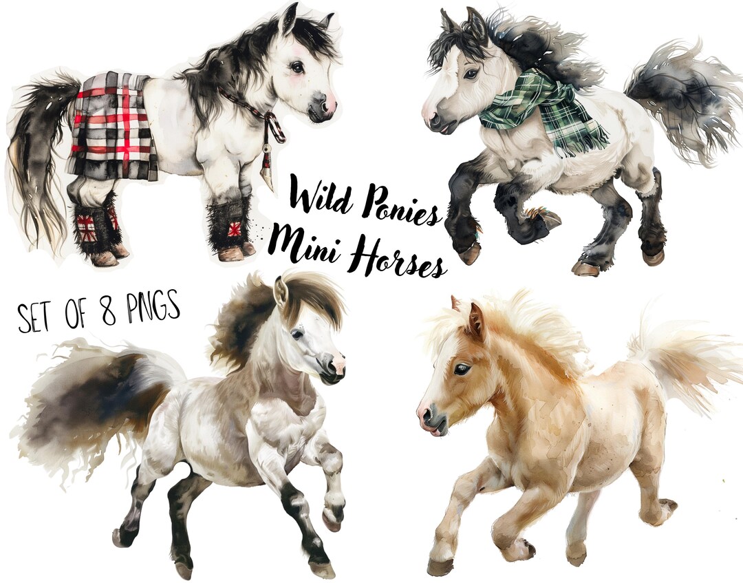 Wild Ponies Watercolor Clip Art Pngs Set of 8 Miniature Horses With ...