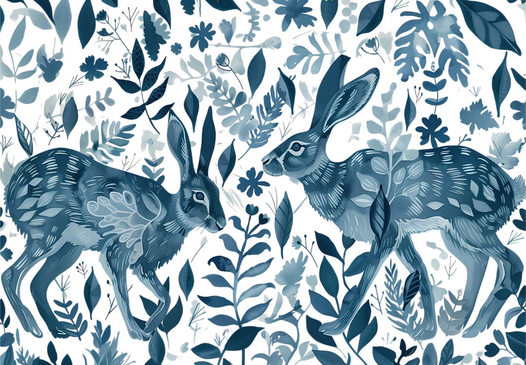 Folk Art Rabbits in A Wildflower Meadow Botanical Prints Set of 2 Wild ...