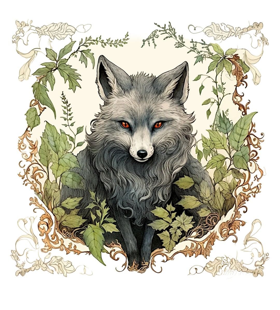Silver Fox in Woodland Border Digital Illustration Fox Printable JPG ...