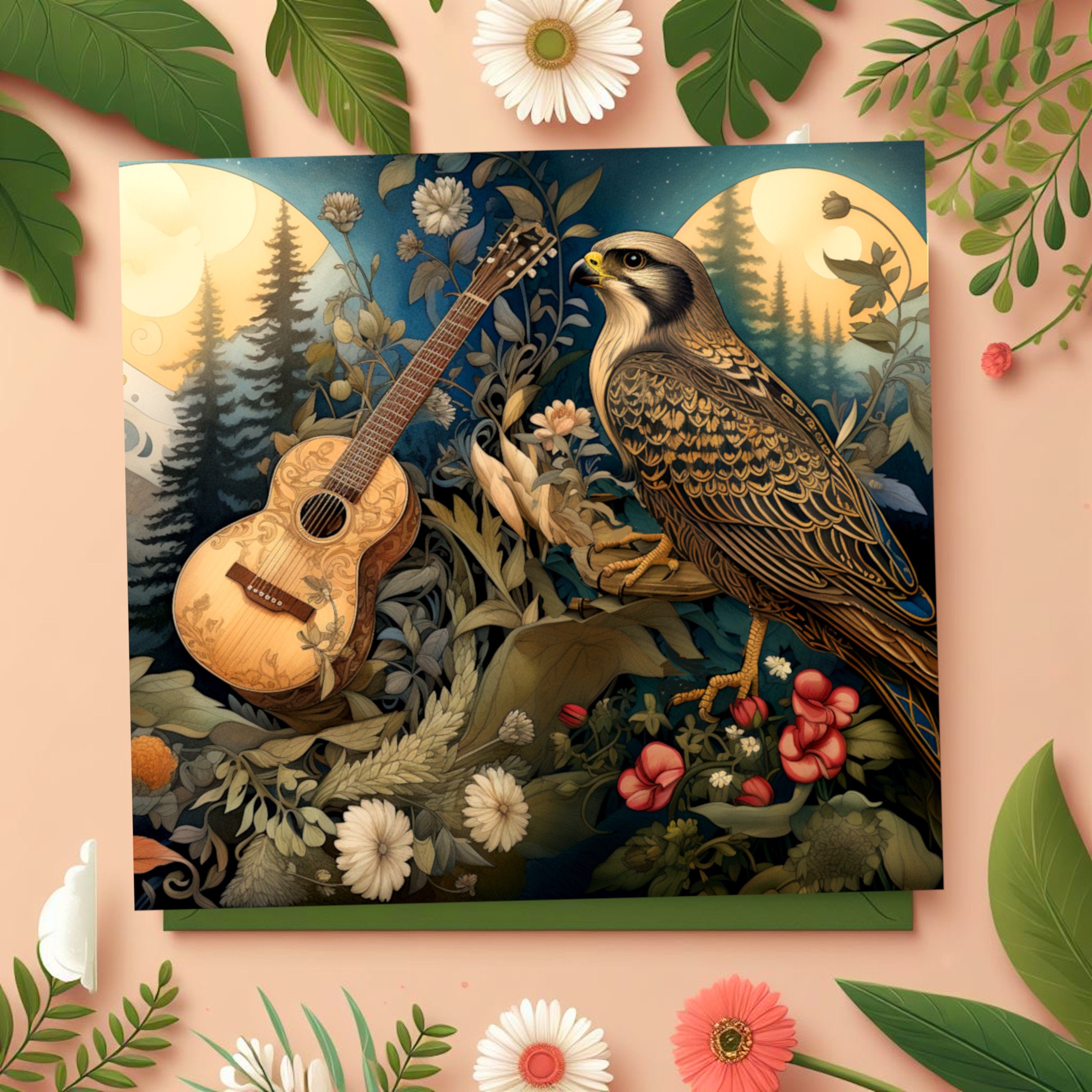 Falcon With Guitar Forest PNG Printable Illustration Musical Instrument ...