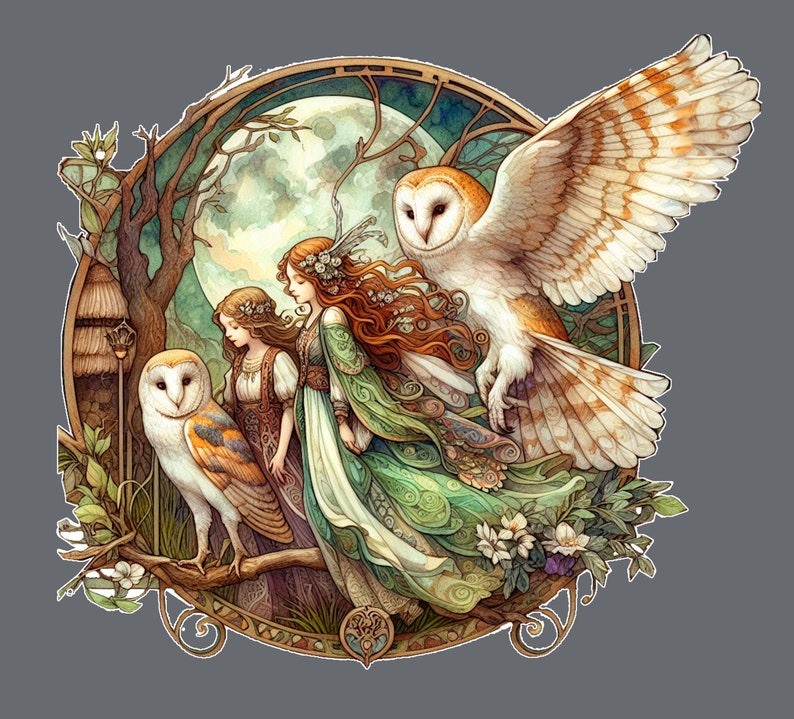 Moonlight Fairies With Barn Owls Woodland Tree Fairy Illustration ...
