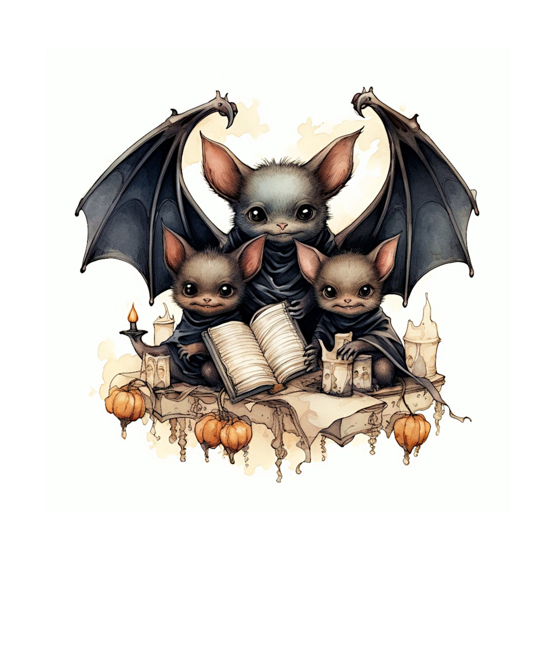Gothic Bats Reading Together Printable Bats Cute Digital Prints Clear ...