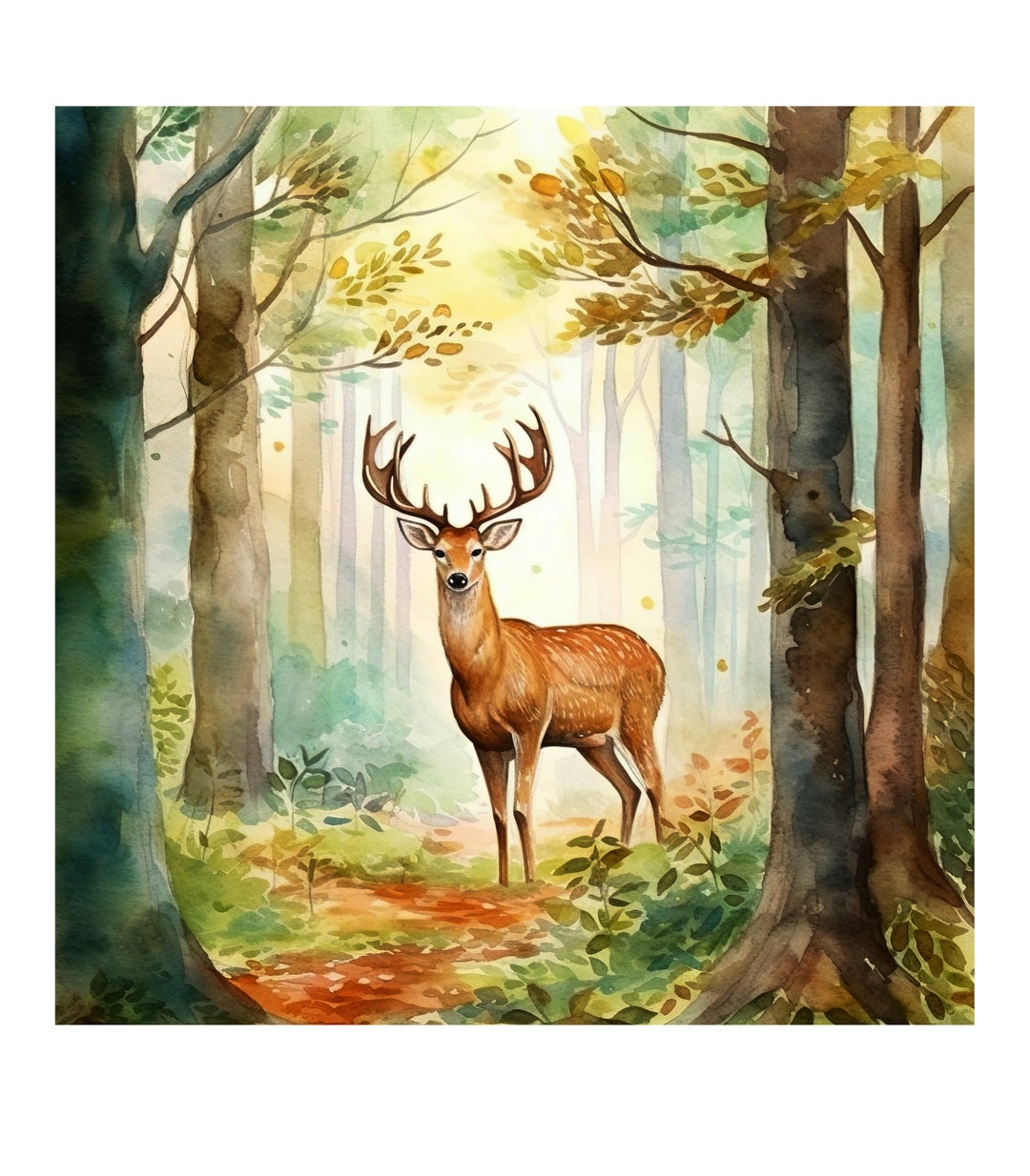 Watercolor Deer in Forest Printable PNG Nature Wall Prints Animal Art ...