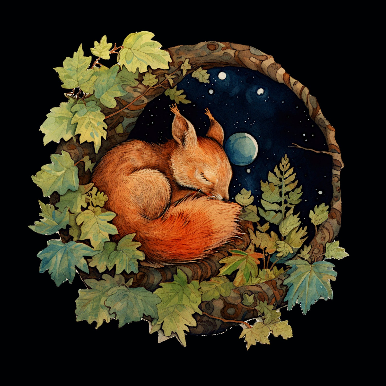 Red Squirrel Sleeping Under the Moon and Stars Digital Illustration ...