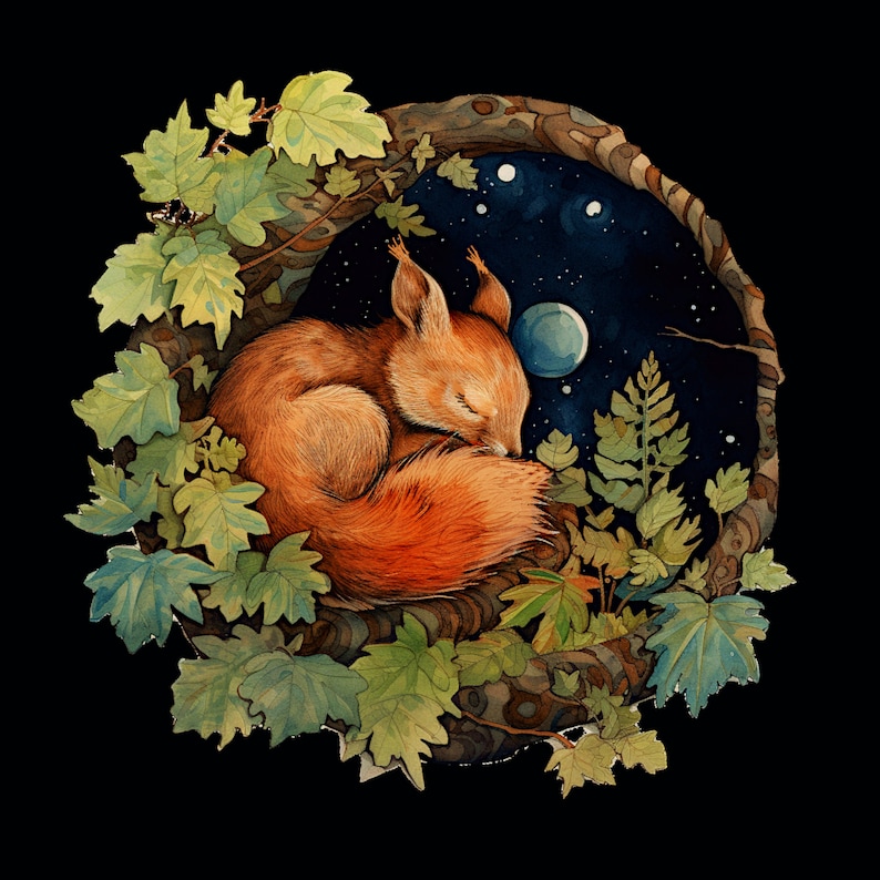 Red Squirrel Sleeping Under the Moon and Stars Digital Illustration ...