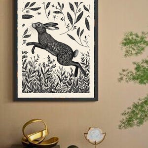 Folk Art Rabbit Prints Png Hares Black and White Printable Linocut ...