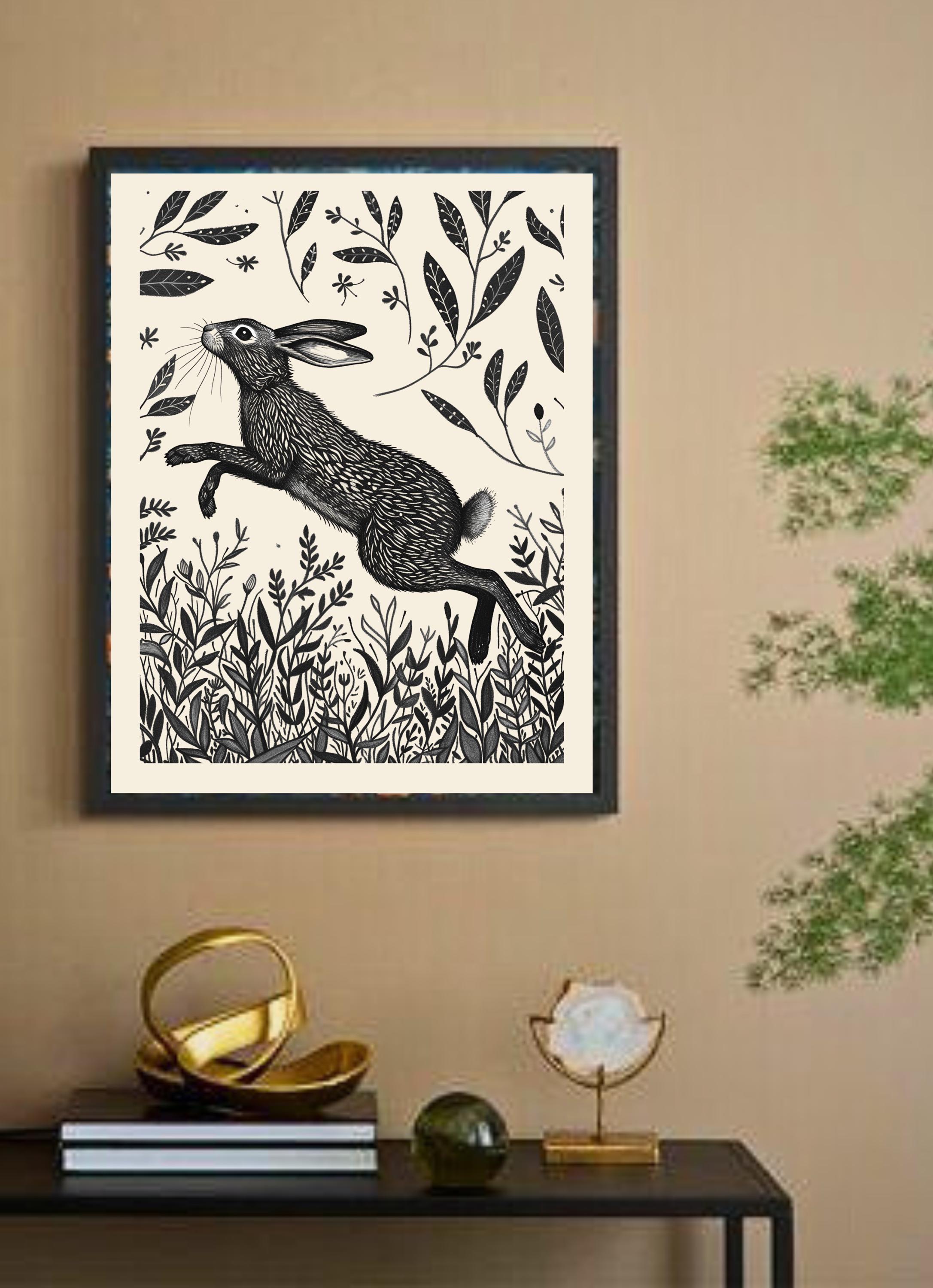 Folk Art Rabbit Prints Png Hares Black and White Printable Linocut ...