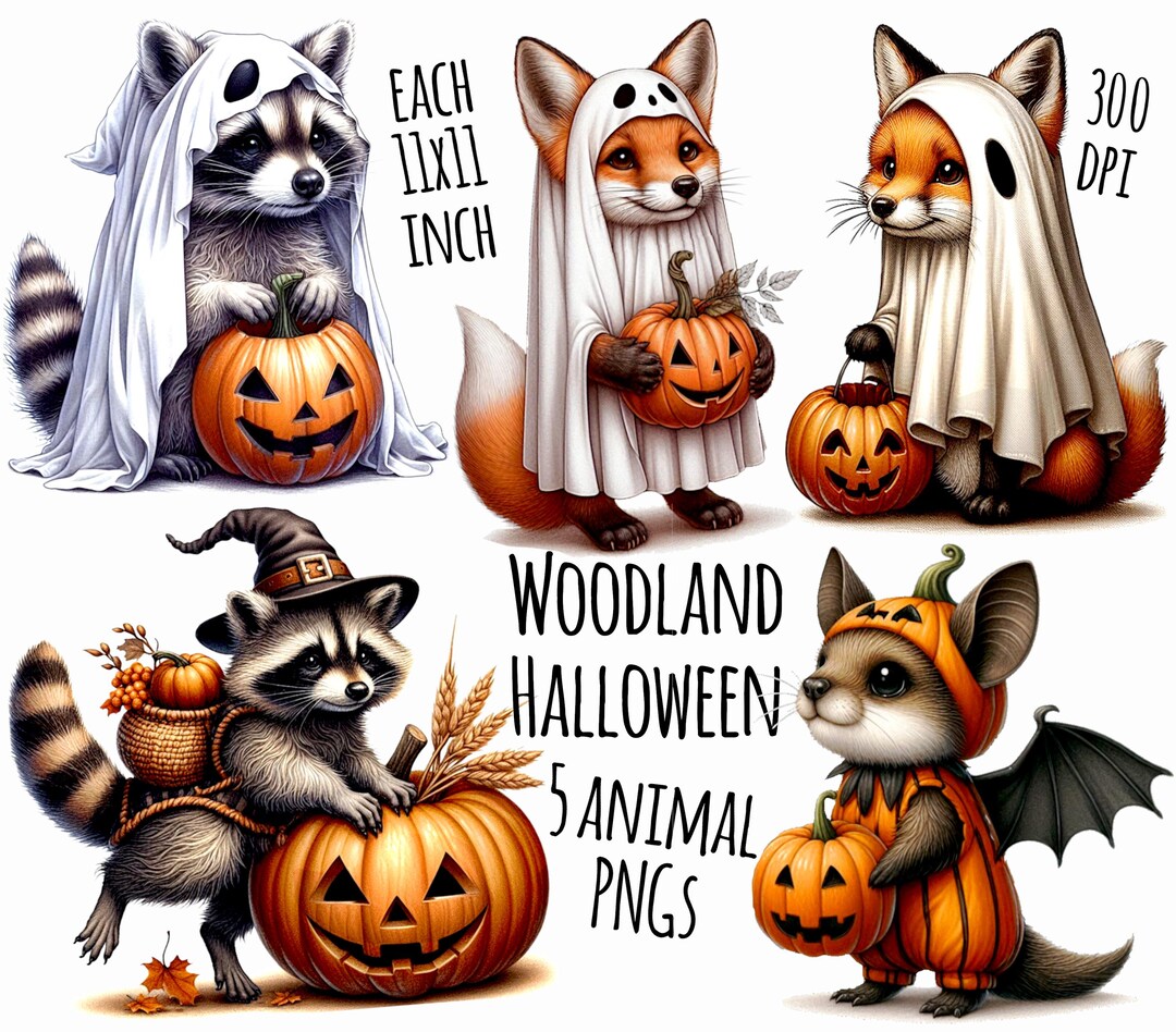Woodland Animal Halloween Pngs Set of 5 Animals in Costumes 11x11 ...