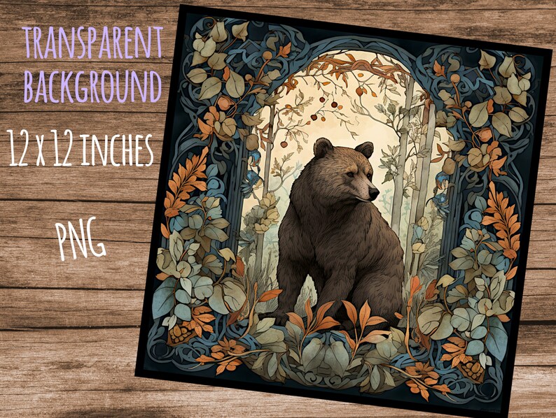 Brown Bear in Woodland Border PNG Printable Animal Art 12x12 - Etsy