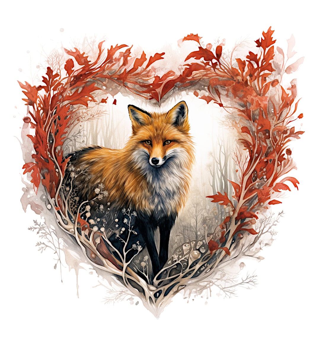 Fox Wild Heart Digital Illustration Wildlife Fox Printable Valentine ...