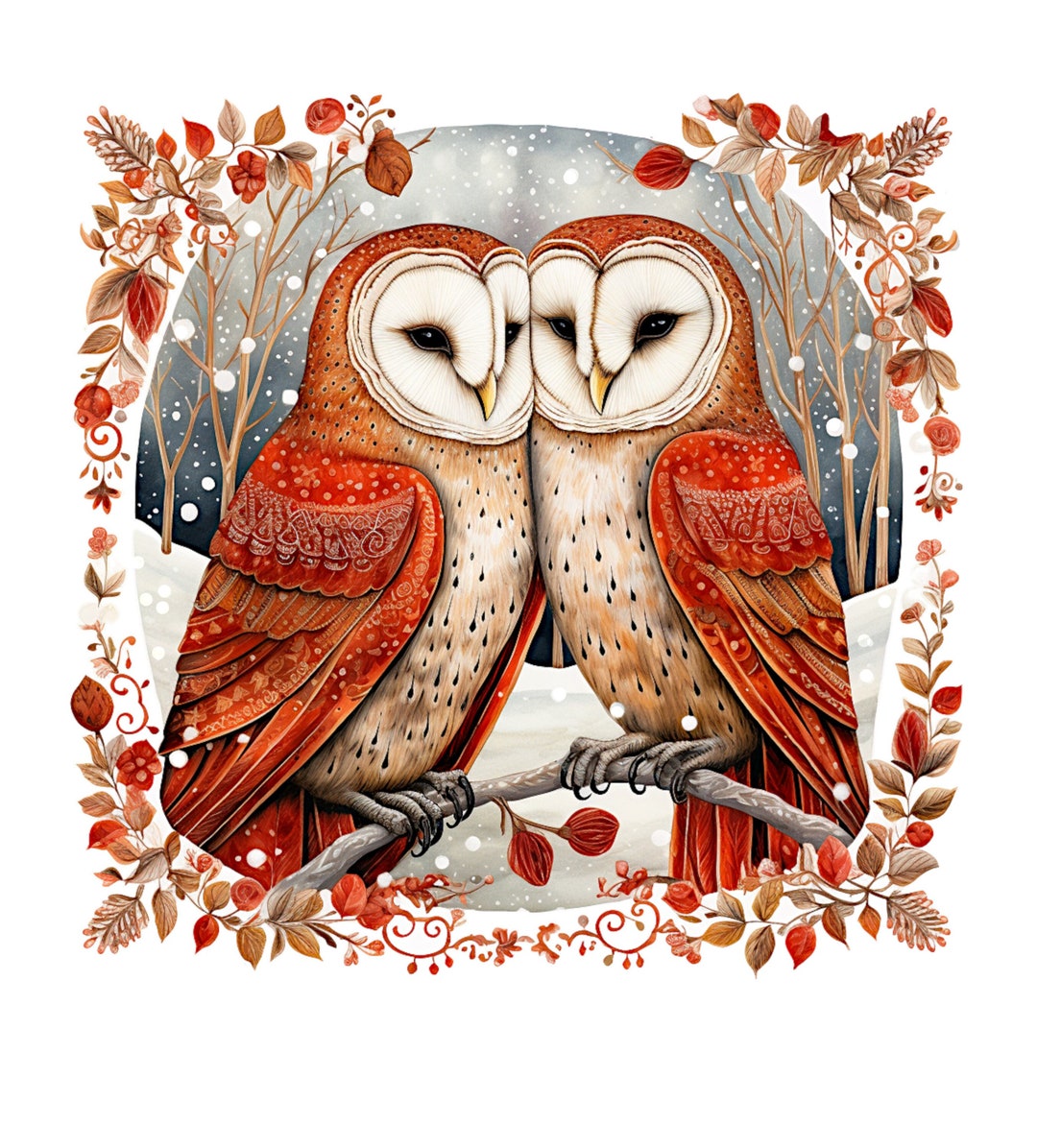 Winter Barn Owls Digital Illustration of A Folk Art Barn Owl Couple ...