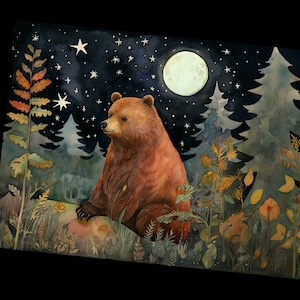Bear Forest Moon Digital Illustration Nature Prints Boy Wall Decor ...