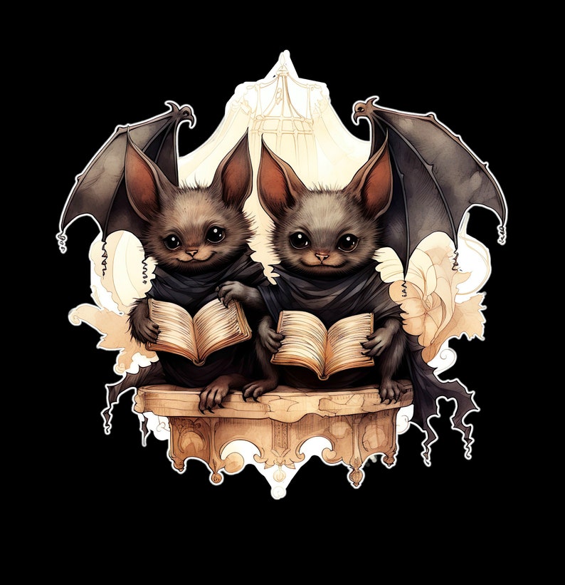 Reading Bats Digital Illustration PNG Animal Printable Spooky - Etsy